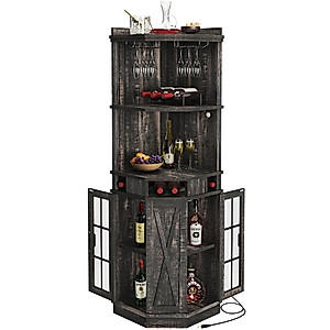 DWVO Corner Bar Cabinet with Glass Door & LED Lights, 72" Tall Farmhouse Liquor Cabinet Bar with Glass & Wine Holder, 6-Tiers Alcohol Cabinet for Dining Room, Living Room, Kitchen, Dark Rustic Oak