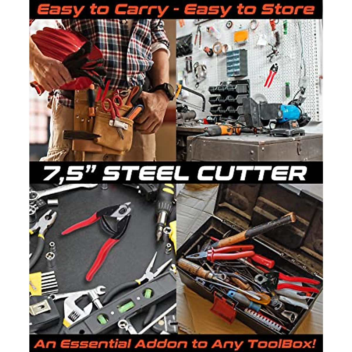 Heavy-Duty Wire Cutter (7,5-inch) for DIY Projects, Railing, Decking, Wire Seals & Bicycle Cable. Sharp & Precise One-Hand Operation 7,5"Steel Cable Cutter, Bike Cable Cutter & Wire Rope Cutter