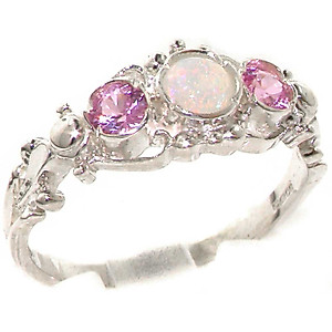LetsBuyGold 925 Sterling Silver Real Genuine Opal and Pink Tourmaline Womens Trilogy Engagement Ring - Size 6