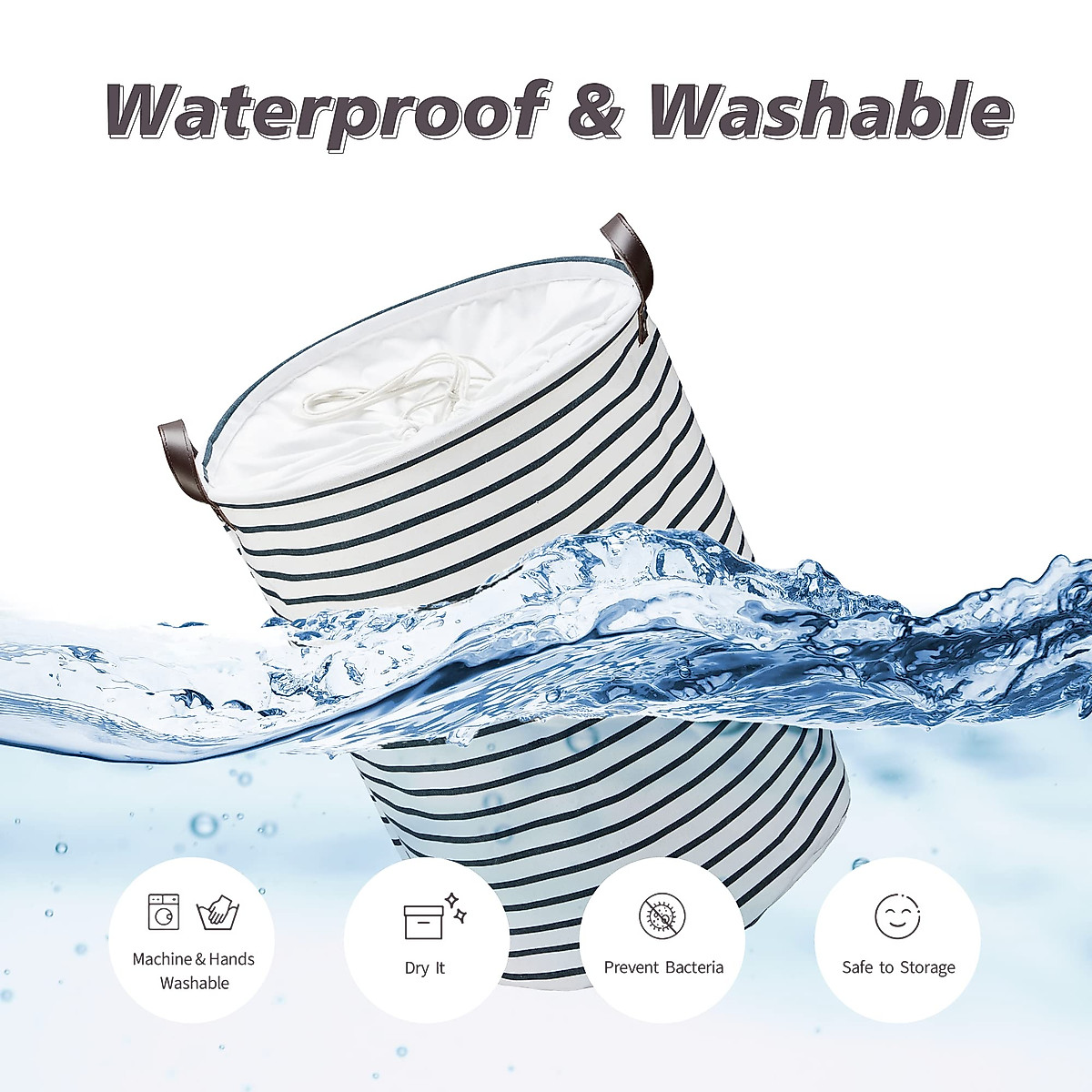 Caroeas 18.0-Inches Thicken Laundry Basket, Waterproof Large Laundry Basket Drawstring Closure, Collapsible Laundry Basket Soft Leather Handles, Laundry Hamper Easy Storage, Clothes Hamper