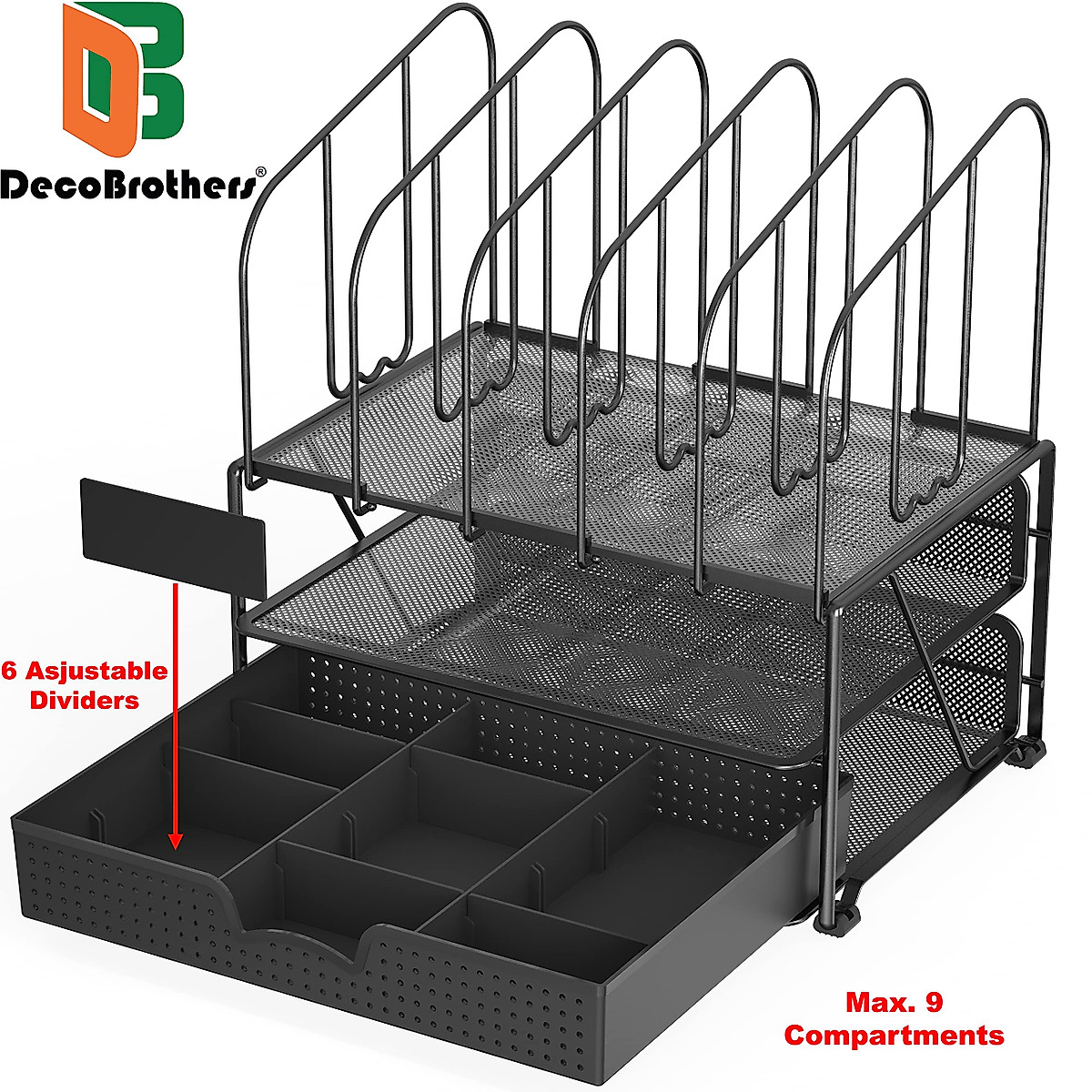 DecoBros Mesh Desk Organizer with Double Tray, 5 Upright Sections and Sliding Drawer, Black
