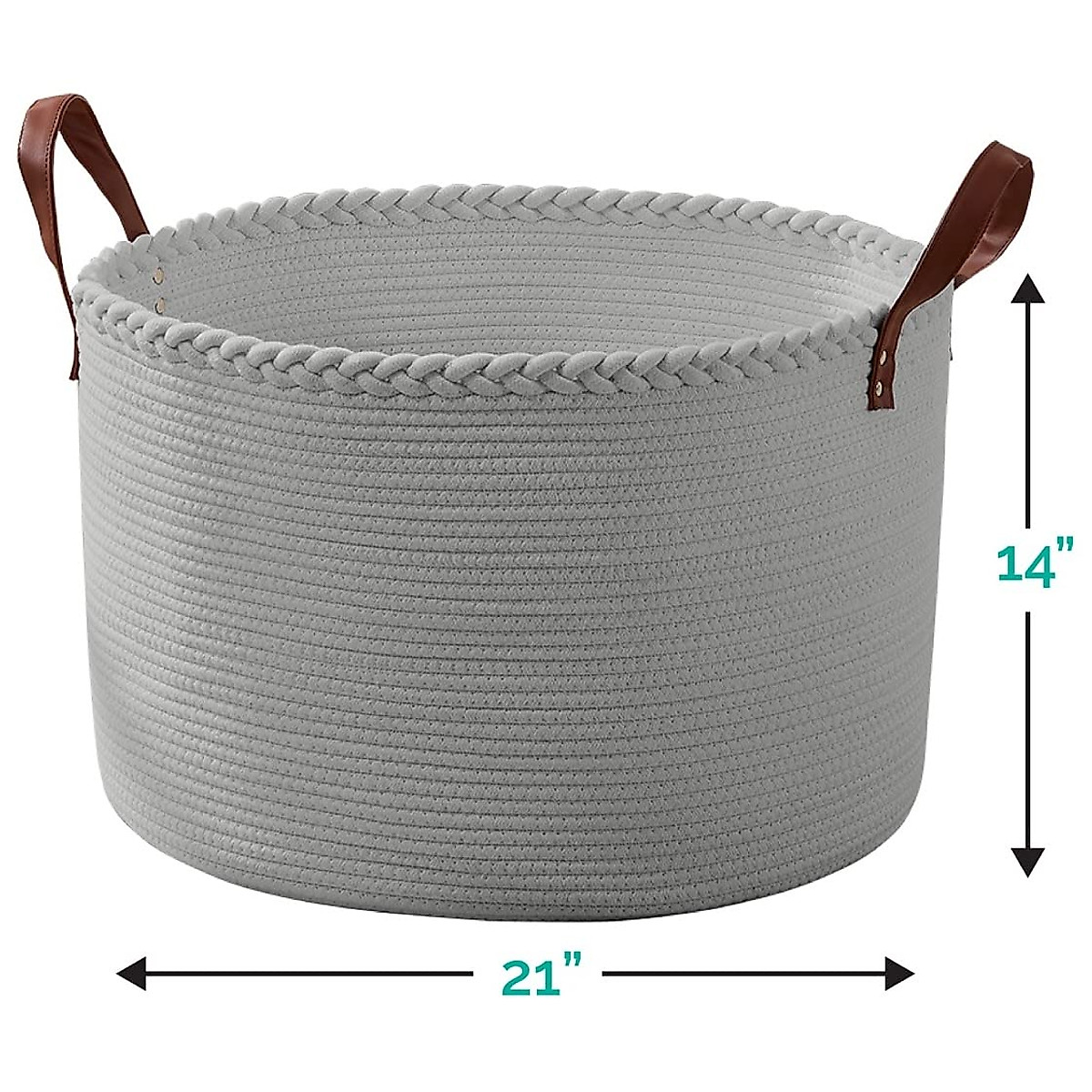 Organizix XLarge Round Cotton Rope Storage Basket Bin Organizer Laundry Hamper with Leather Handles, 21 x 21 x 14, Extra Large Blanket Woven Toy Basket for Baby Nursery - Gray