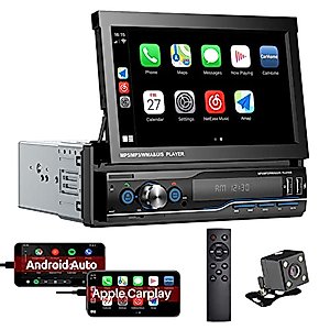 ESSGOO Car Stereo Single Din 7 Inch Flip Out Capacitive Touch Screen MP5 Player Car Radio Compatible with Apple CarPlay and Android Auto Support Bluetooth SWC Mirror Link FM Radio+Rearview Camera…