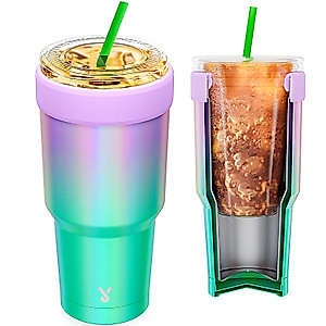 Meoky Double Wall Stainless Steel Iced Coffee Sleeve Reusable, One Size Fits All Coffee Sleeve for Starbucks, Dunkin Donuts, McDonalds (16-24oz, Glitter Lavender)