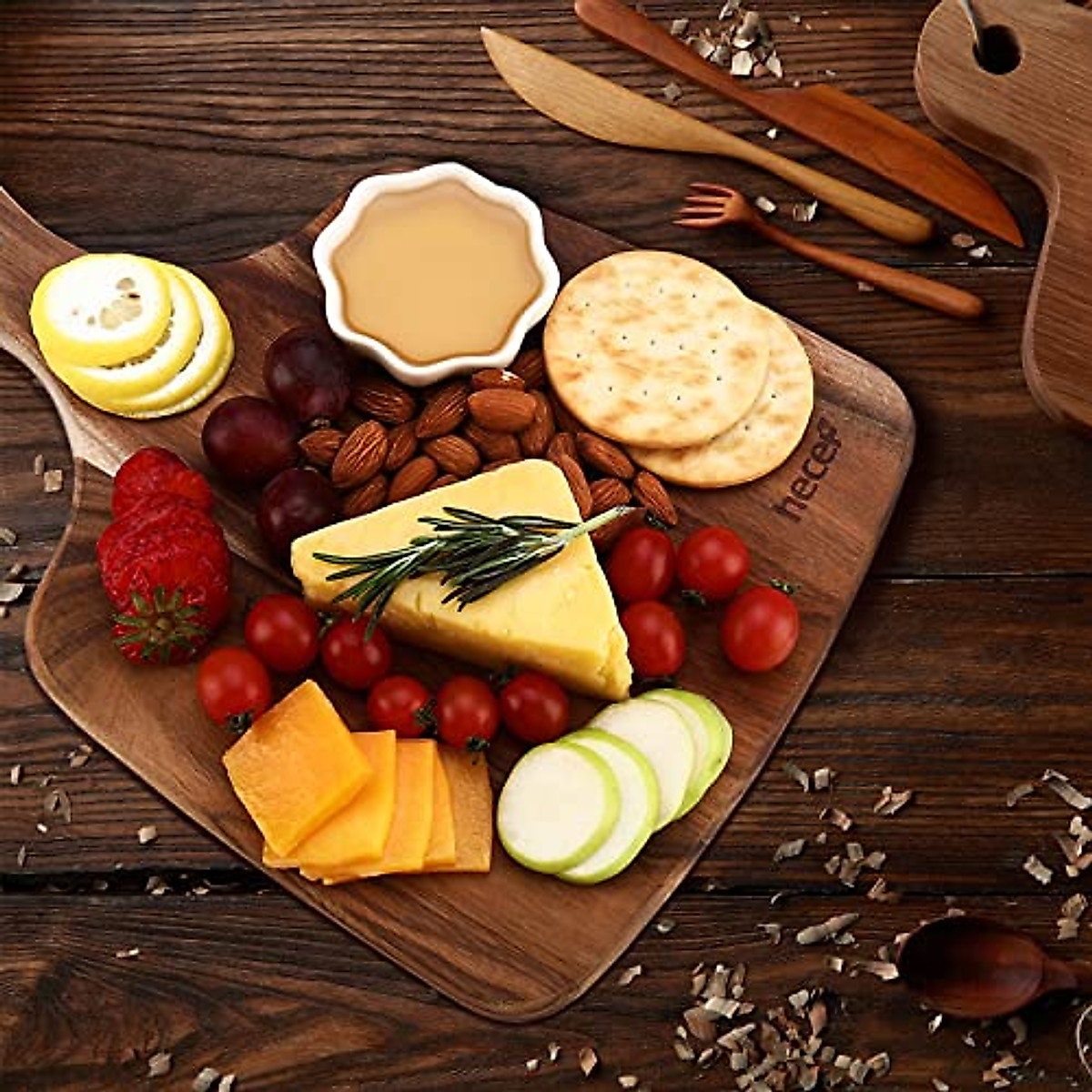 hecef Cheese Board set of 3,a Acacia Wood Cheese Plate & a Cheese Knife & a Cheese Fork, Cheese Platter Slate Board Cheese Serving Board, Mothers Day Gift, Housewarming(Cheese board with 2 knives)