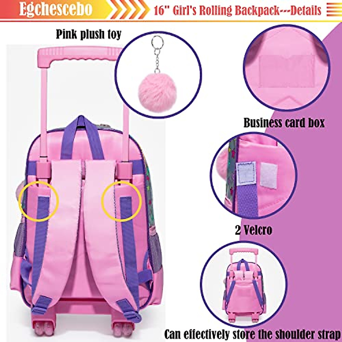 Egchescebo kids Rolling Kid Travel Toddler Duffle Bag Unicorn Backpack for Girls Carry on Luggage Roller Computer Suitcase with Pencil Case and Lunch Box Wheels Wheeled Braid Toy Backpacks Pink