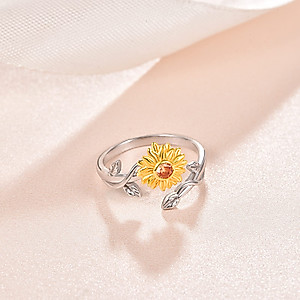 AOVEAO Sunflower Rings for Women, 925 Sterling Silver You are My Sunshine Adjustable Open Band Rings Sunflower Jewelry Gifts