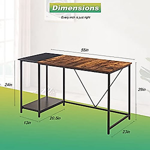 55" Computer Desk Office Desk with Bookshelf, Gaming Desk Extra Large Modern Student Kids Study PC Simple Executive Table Workstation for Small Space, Brown