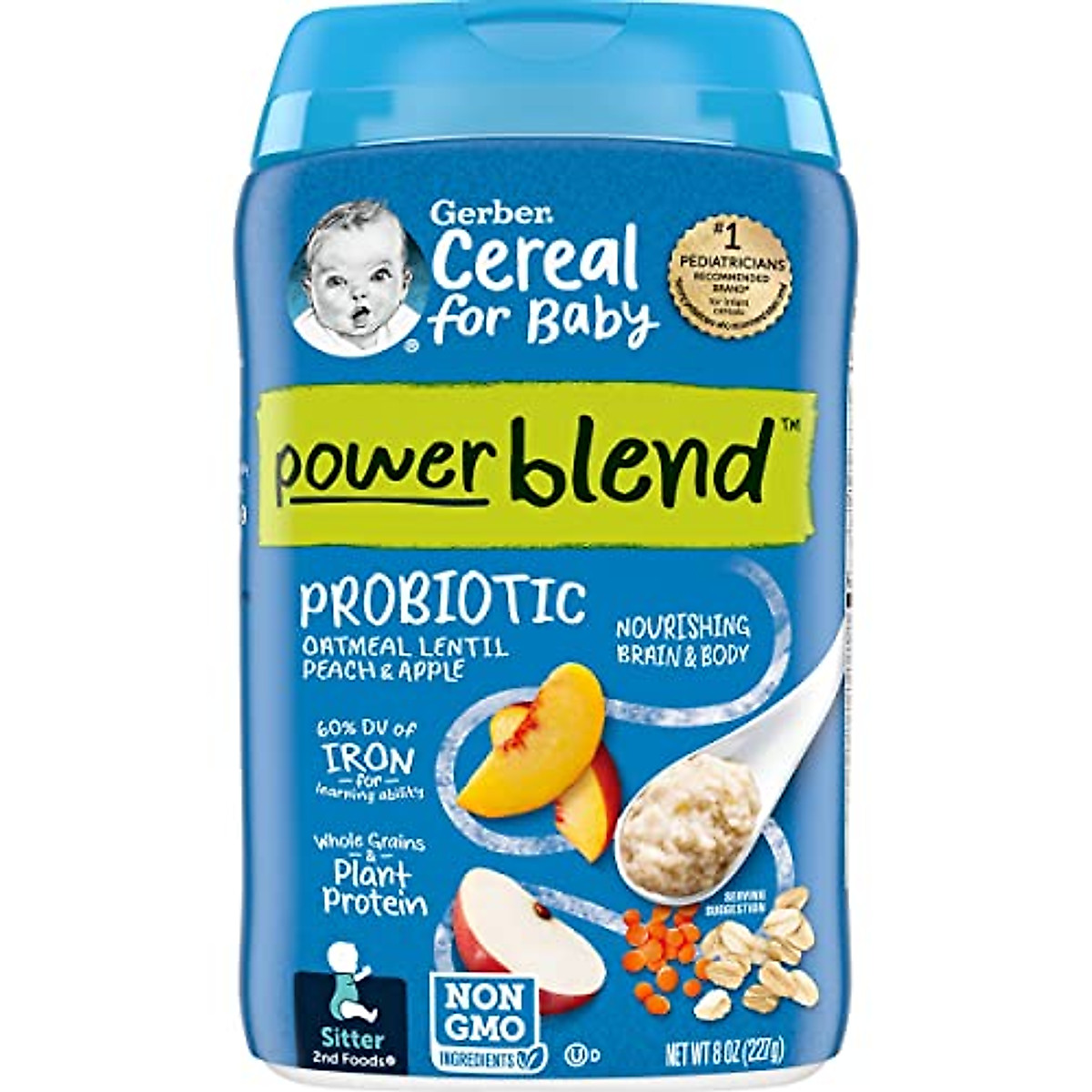 Gerber Cereal for Baby 2nd Foods Power Blend Cereal, Probiotic Oatmeal Lentil Peach & Apple Cereal, Non GMO with Whole Grains & Plant Protein, 8 OZ Canister (Pack of 3)