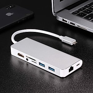 Jiali USB-C 4K Hub Converter Type-c Turn hdmi Gigabit Network Card Multi-Function Converter HDMI+RJ45+PD+Audio+USB3.02+SD+TF Eight-in-one Expansion Dock Multi-Function HUB(Silver Gray)