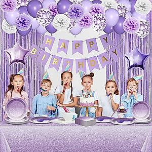 147Pcs Ombre Purple Party Decors Gradient Pastel Purple Plates Tableware Set Party Supplies Light Purple Balloons Banner Tinsel Foil Fringe Curtains Kit for Girls Women Birthday Wedding Party Favor