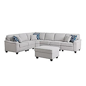 Favfurish 125" Linen 7-Piece Modular L-Shaped Sectional Sofa with Ottoman, Customizable Couch with Pocket Coil Seating and 6 Accent Pillows for Living Room or Family Room,Light Gray