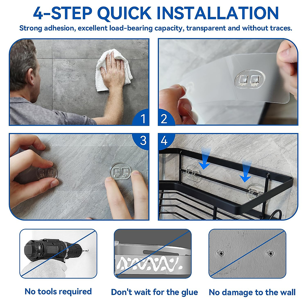 Shower Caddy, 2 Pack Bathroom Shelves, Adhesive Shower Shelf No Drilling, Black Shower Storage, Shower Organiser, Rust-Resistant Shower Caddy Corner, Shower Soap Holder, Bathroom Accessory