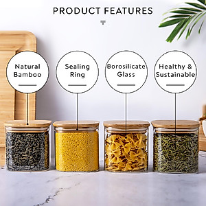 Laramaid 27oz 6Packs Square Glass Jars Set with Minimalist Pantry Labels, Square Pantry Jars with Bamboo Lids and White Customized Sticker Labels, Food Storage Containers for Home