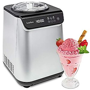 Ivation Automatic Ice Cream Maker Machine, No Pre-freezing Necessary with Built-in Compressor, Stainless Steel Gelato Maker, LCD Screen, Digital Timer, Removable Bowl, Clear Lid