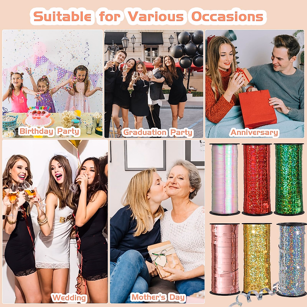 6 Rolls Curling Ribbon Set, 600 Yards （1800 Ft） 1/5 Inch Balloon String Ribbon Thin Ribbons for Gift Wrapping Art Crafts Wedding Birthday Party Christmas Decorations