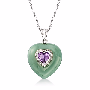 Ross-Simons Jade and 1.50 Carat Amethyst Heart Pendant Necklace in Sterling Silver. 18 inches