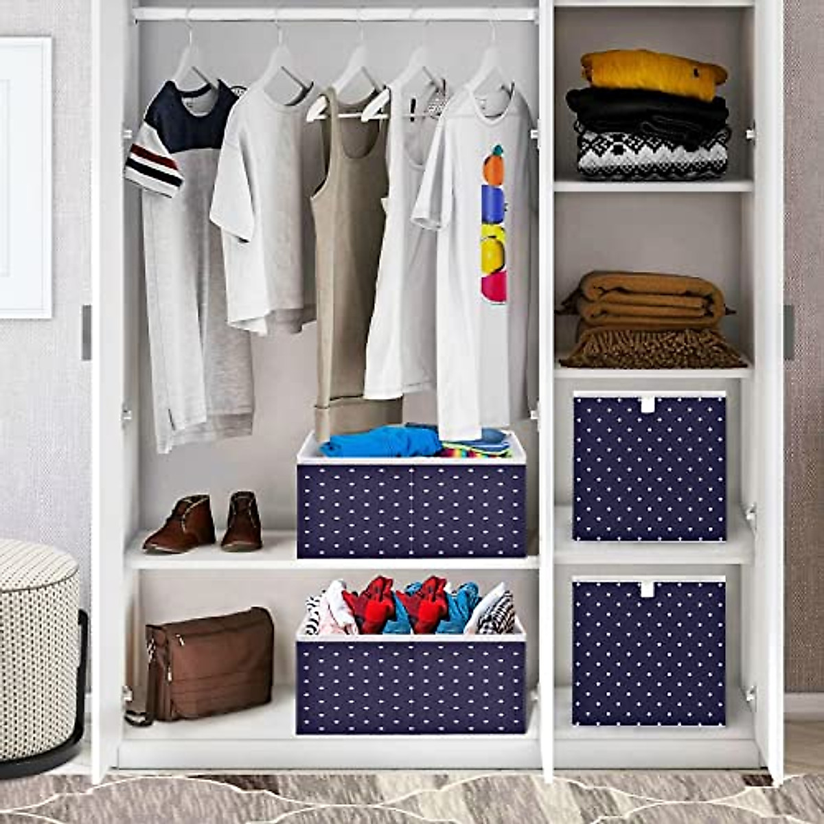Kigai Blue White Dots Storage Baskets, 16x11x7 in Collapsible Fabric Storage Bins Organizer Rectangular Storage Box for Shelves, Closets, Laundry, Nursery, Home Decor