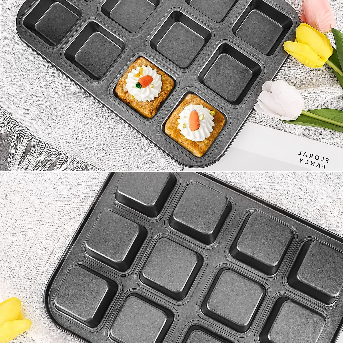 Beasea Brownie Pan with Dividers, 1 Set 12 Cavity All Edges Square Cupcake Brownie Pans Mini Cake Non Stick Baking Carbon Steel Bread Mold Small Edge 3x4 Individual Cutter Sheet Tray for Cookie Oven