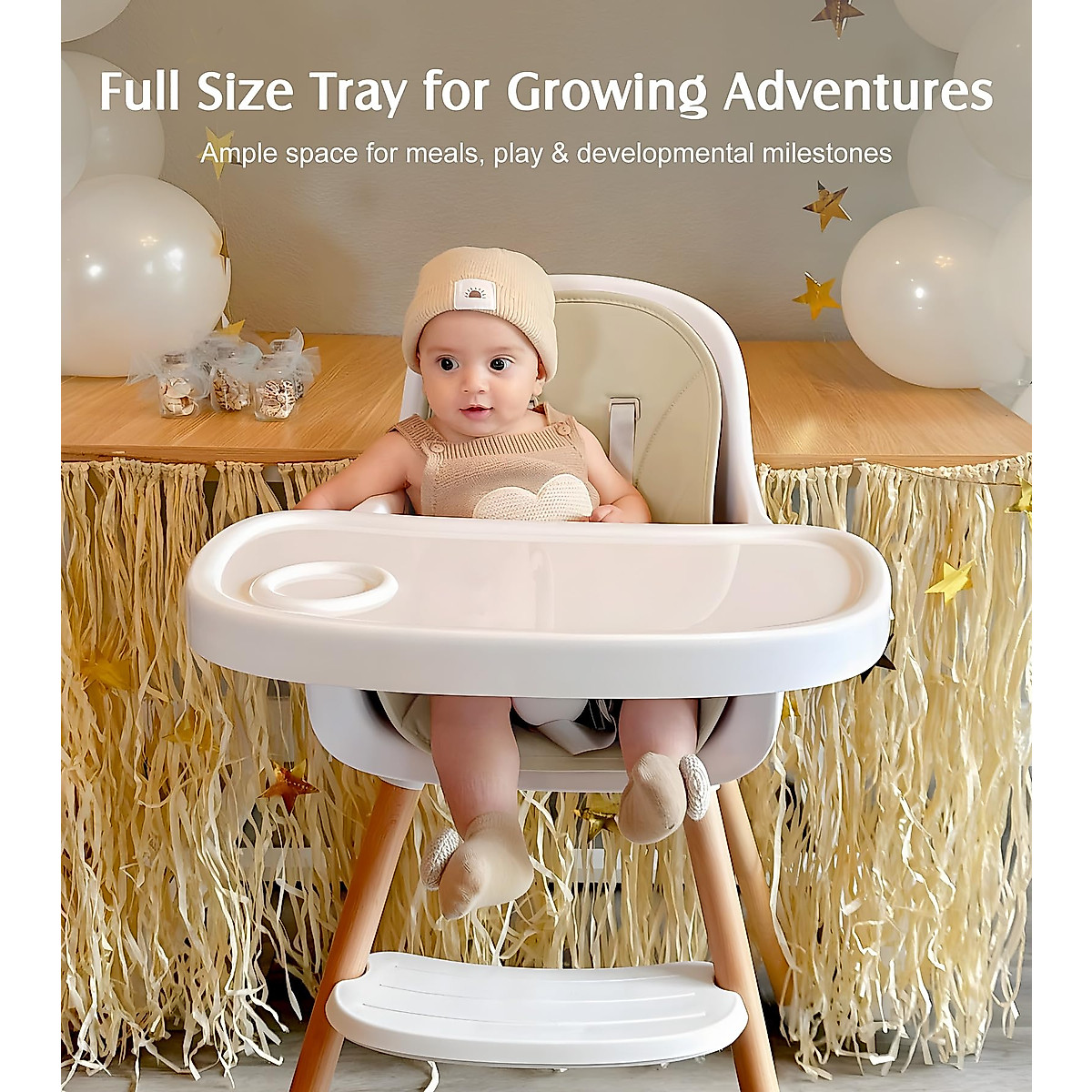 Convertible Baby High Chair, 3-in-1 Wooden Highchair/Toddler Chair with Removable Tray, Feeding & Dining Chair with 5-Point Harness, PU Cushion, Footrest for Babies & Toddlers, Beige