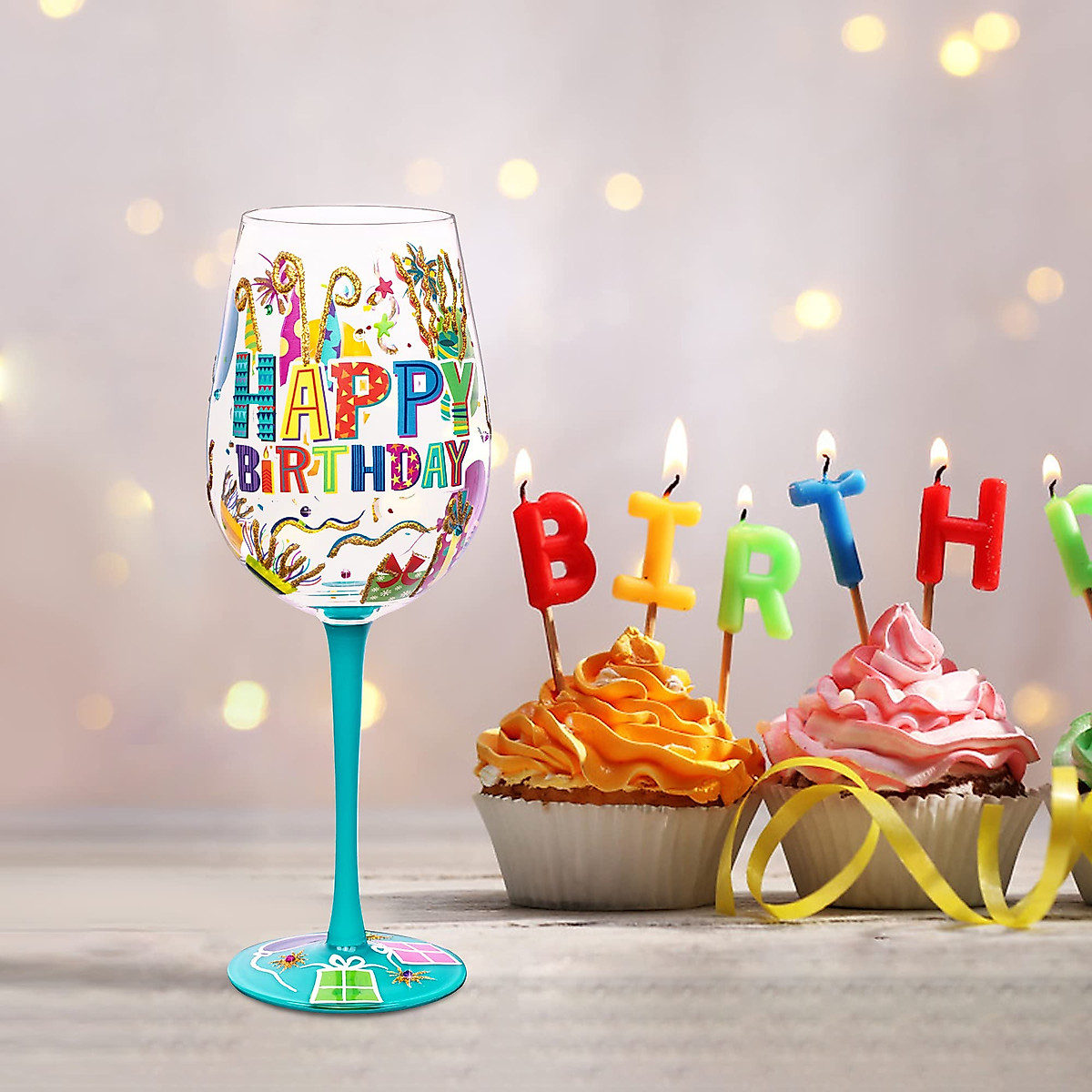 NymphFable Hand-painted Wine Glass Happy Birthday Artisan Painted 15oz Personalised Gift for Birthdays