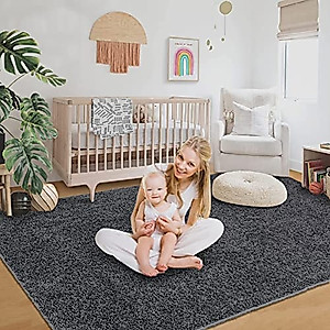 GlowSol Solid Shaggy Rug 5x8 Plush Area Rug for Bedroom Non Slip High Pile Indoor Carpet Dark Grey Rug Modern Fluffy Area Rug for Living Room Kids Room Nursery Home Office