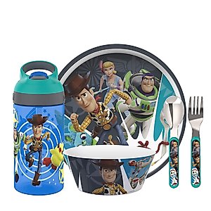 zak! Disney and Pixar Toy Story 4 - 5-Piece Dinnerware Set - Durable Plastic & Stainless Steel - Includes Water Bottle, 8-Inch Plate, 6-Inch Bowl, Fork & Spoon - Suitable for Kids Ages 3+