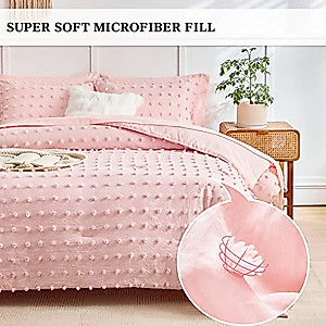 6 Pieces Tufted Dots Bed in a Bag Twin Comforter Set Girls Pink , Soft and Embroidery Shabby Chic Boho Bohemian Comforters, Luxury Solid Color with Pom Pom Design, Jacquard Tufts Bedding Set for Kids