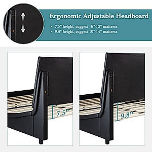 HOOMIC King Size Platform Bed Frame with Adjustable Headboard, Upholstered Bed, Mattress Foundation, Wood Slat Support, No Box Spring Needed, Easy Assembly, Black