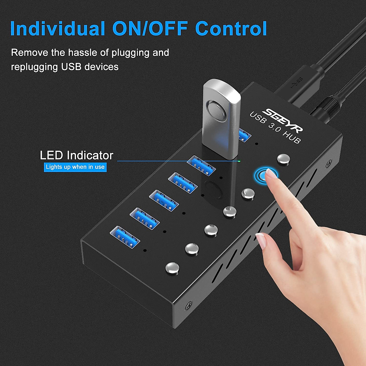 SGEYR Powered USB Hub, Aluminum USB 3.0 Data Hub Splitter 7 Ports with USB Charging Ports and Individual On/Off Switches with 12/2A(24W) Power Adapter for Laptop,HD Webcam,Printer (Light Black)