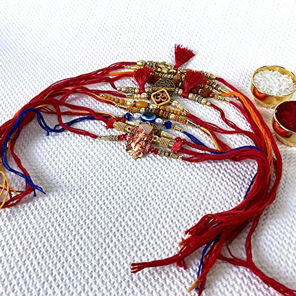 CRAFTONE Set of 12 Handmade Assorted Design Traditional Rakhi for Brother, Designer Rakhi Set for Raksha Bandhan, Rakhi Thread Bhaiya Bhabhi Sister Rakhi Band for Rakshabandhan with Roli Chawal