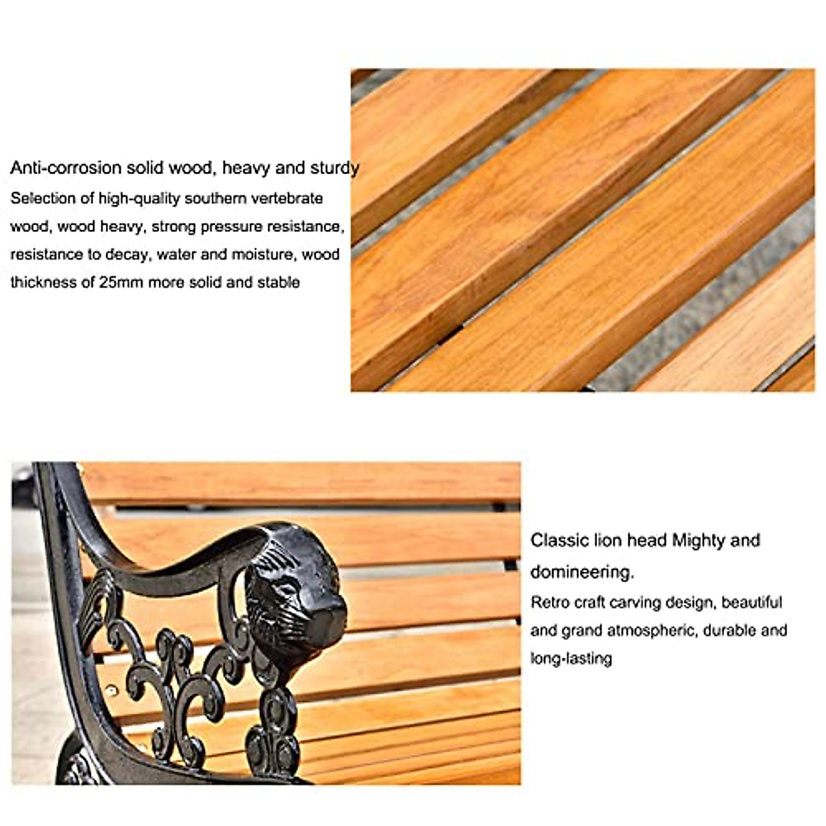 ManiCrown Patio Garden Bench，Outdoor Preservative Wood Park Bench Porch Bench Chair with Rust Resistant Cast Iron Frame,Porch Bench with backrest and armrests Slatted Seat, for Lawn/Poolside