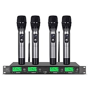UHF Wireless Microphone System 4 Channel Microphones 4 Handheld Karaoke DJ Mic Karaoke System Whole Metal Mic Karaoke System for Church Speaking Conference Wedding Party Frequency A