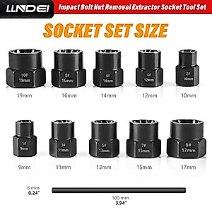 LLNDEI 3/8-Inch Metric Bolt Extractor Set, 10+1 PCS Impact Bolt Nut Remover Set, Rounded Broken Bolts Remover, Rusted Damaged Stripped Nut Removal Tool Kit with Storage Case (9-19mm