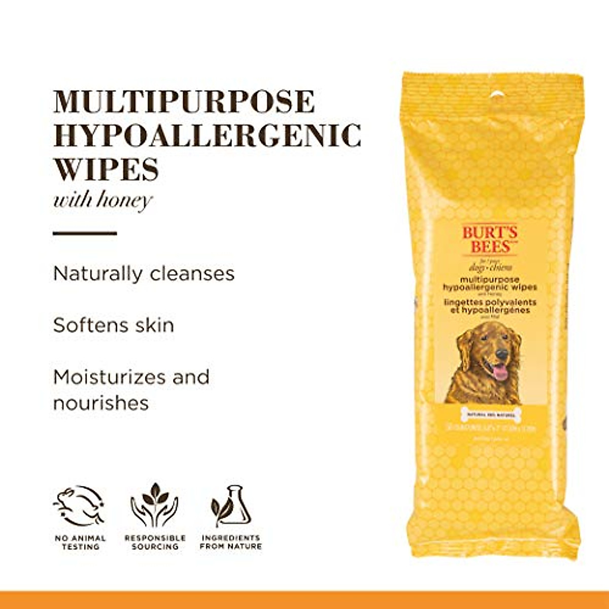 Burt's Bees for Pets Multipurpose Grooming Wipes | Puppy & Dog Wipes for All Purpose Cleaning & Grooming | Cruelty No, Sulfate, & Paraben No, pH Balanced for Dogs - 50 Ct Pet Wipes, Puppy Supplies