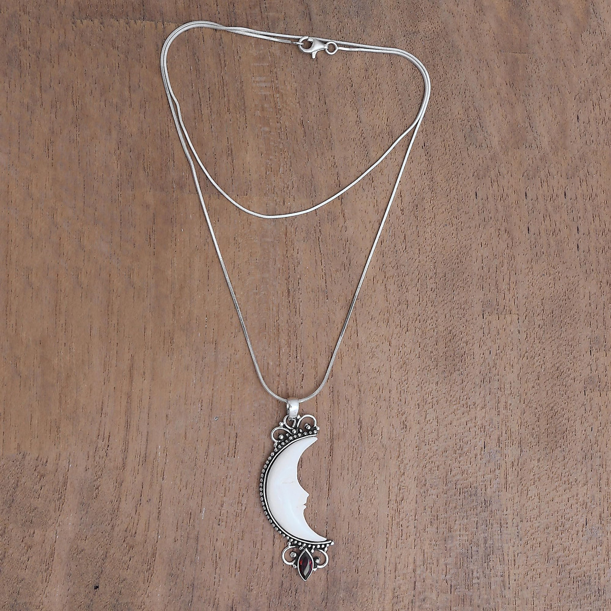 NOVICA Artisan Handmade Bone Pendant Necklace | Garnet Pendant Necklace for Women | Crescent Moon Pendant Necklace | .925 Sterling Silver Pendant Necklace | Artisan Pedant Necklace