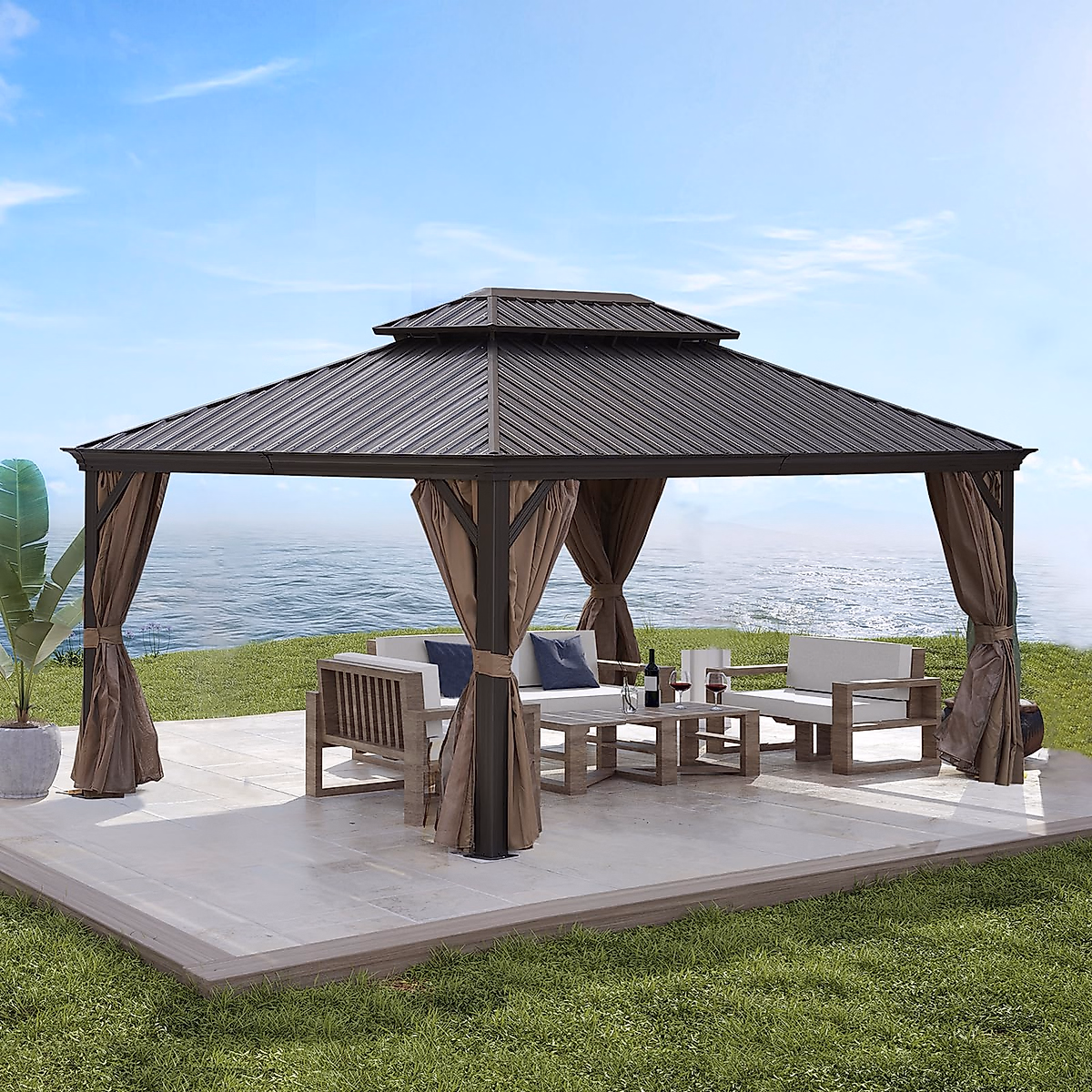 12’ X 12’ Hardtop Gazebo Double Roof Galvanized Steel Combined of Vertical Stripes Canopy Outdoor Aluminum Frame Patio Permanent Metal Pavilion with Nettings and Curtains for Deck Backyard Lawn Garden