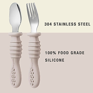 PandaEar 6 Pack Toddler Fork and Spoon Utensil Set, Baby Silicone Stainless Steel Silverware Spoon Fork for Babies Kids, BPA Free (Walnut&Linen&Brown)