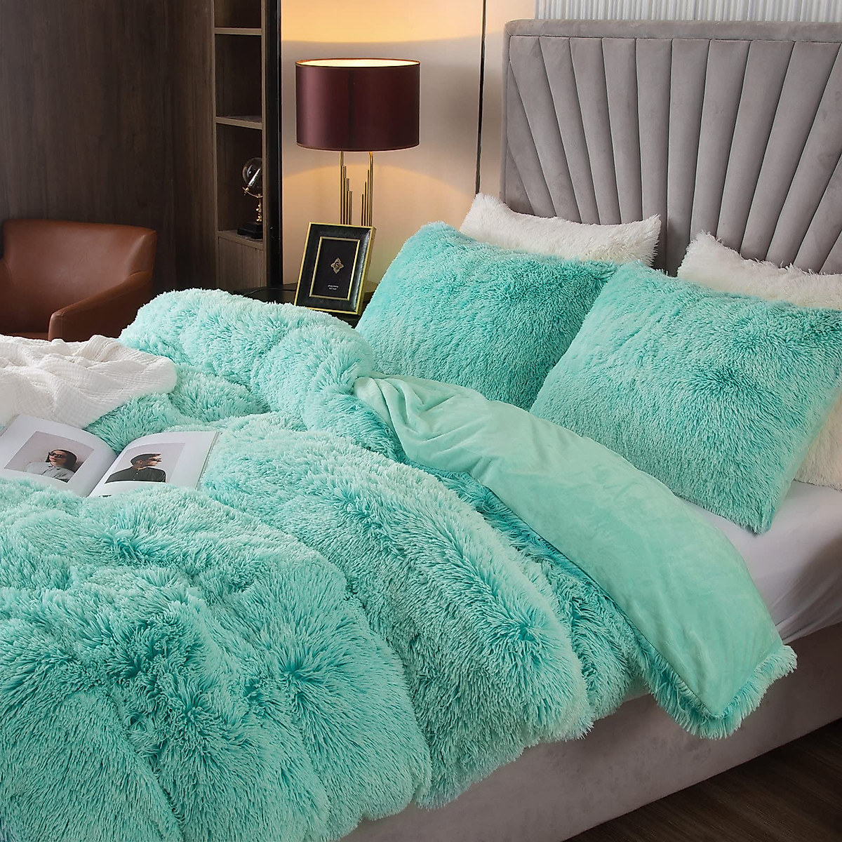 EMME Plush Shaggy Duvet Cover Set Twin Size Fluffy Fuzzy Comforter Cover Set for Twin Bed 2 Pieces Luxury Soft Bedding Duvet Covers (Aqua, Twin)