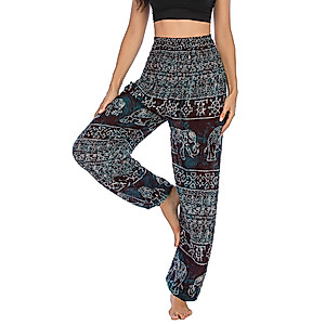 Lu's Chic Women's Smocked Waist Yoga Pant Boho Elephant Printed Bohemian Hippie Cinch Bottom Thai Indian Jogger Elastic Waist Harem Pants Tapered Leg Black One Size