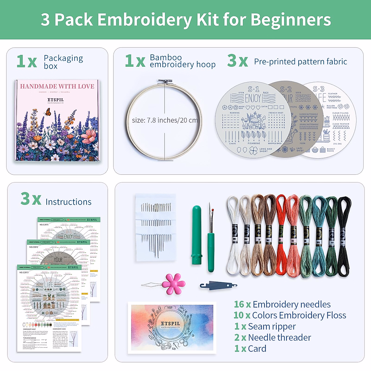 ETSPIL 3 Pack Beginner Embroidery Kits for Adults DIY Starter Kit with 33 Stitch Techniques, Stamped Patterns, Embroidery Hoop, Colorful Threads, Tools, Step by Step Instructions & Video Tutorial