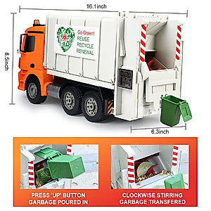 DOUBLE E Benz Licensed Remote Control Garbage Truck Electric Recycling Toy Set with Trash Bin Real Lights Rechargeable Waste Management Trash Truck Toys Gift for Kids