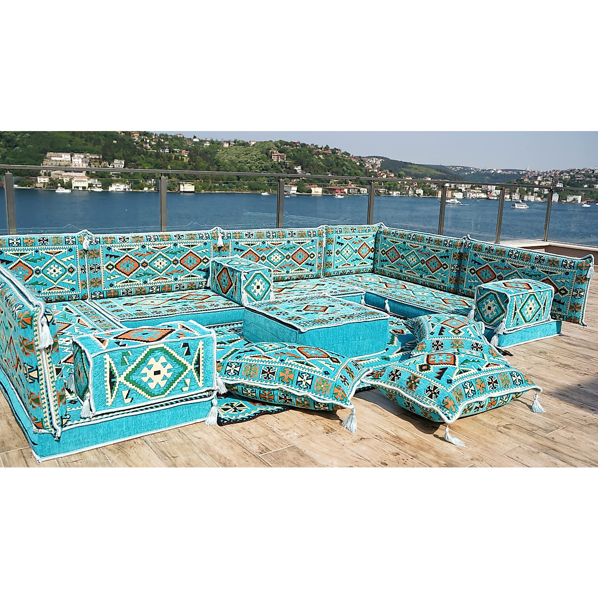 Light Blue Corner Floor Sofa Seating Set, U Shaped Arabic Sofa Set, Oriental Floor Seating, Floor Cushions, Living Room Sofa, Arabic Majlis,Floor Couch (U Sofa Full Set)