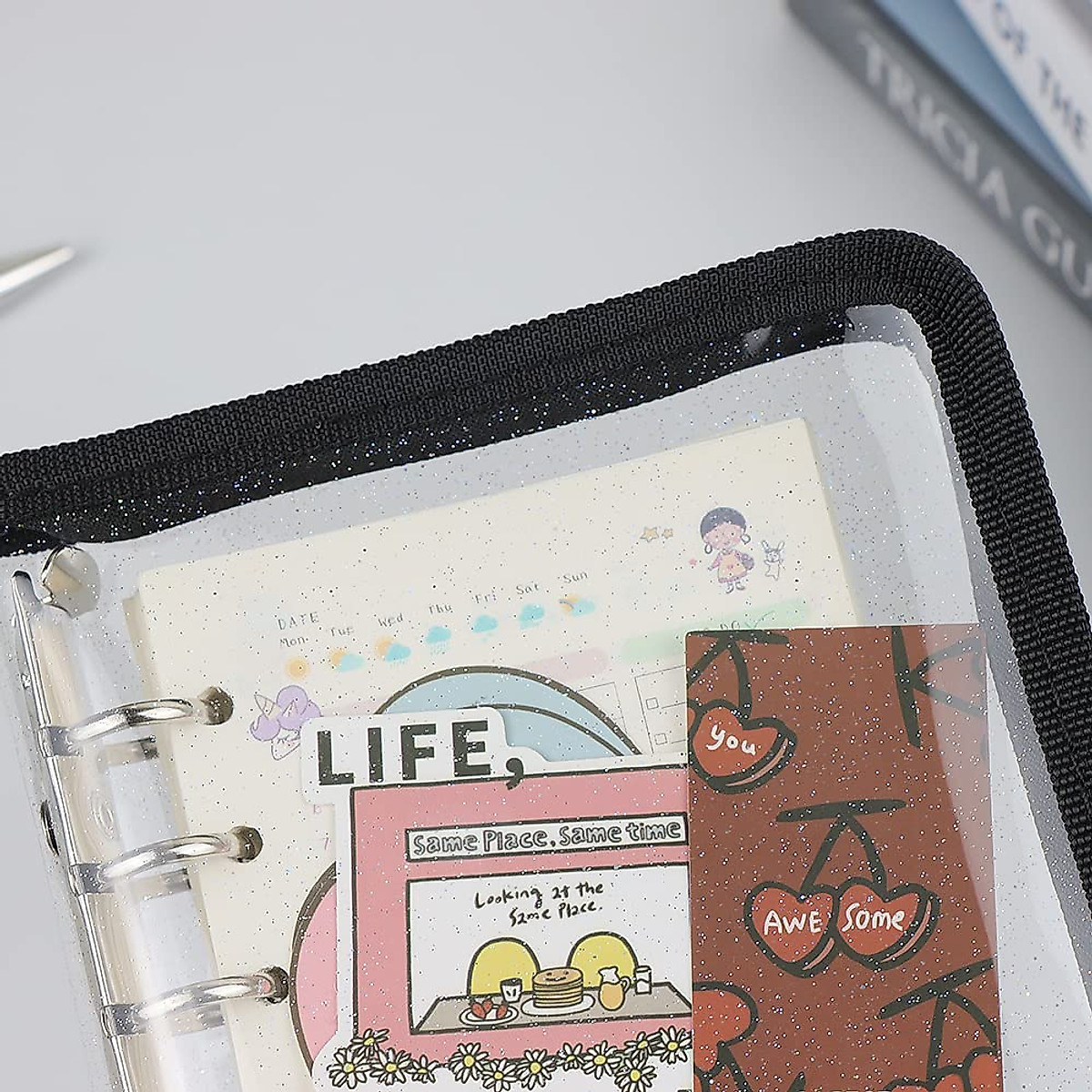 A6 Binder Cover Refillable 6 Ring Notebook Binder Clear Soft PVC Zipper Binders Folder for 6 Hole Filler Paper Personal File Organizer Planner(Black Zipper Closure)