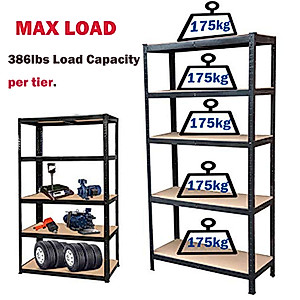 59 Inch Storage Shelving Unit 5-Shelf Adjustable Height Garage Shelving Units Kitchen Shelf Organizer Rack, Metal Steel Frame MDF Boards 386lbs Max Load Per Tier, 27.5" x 12" x 59", Black