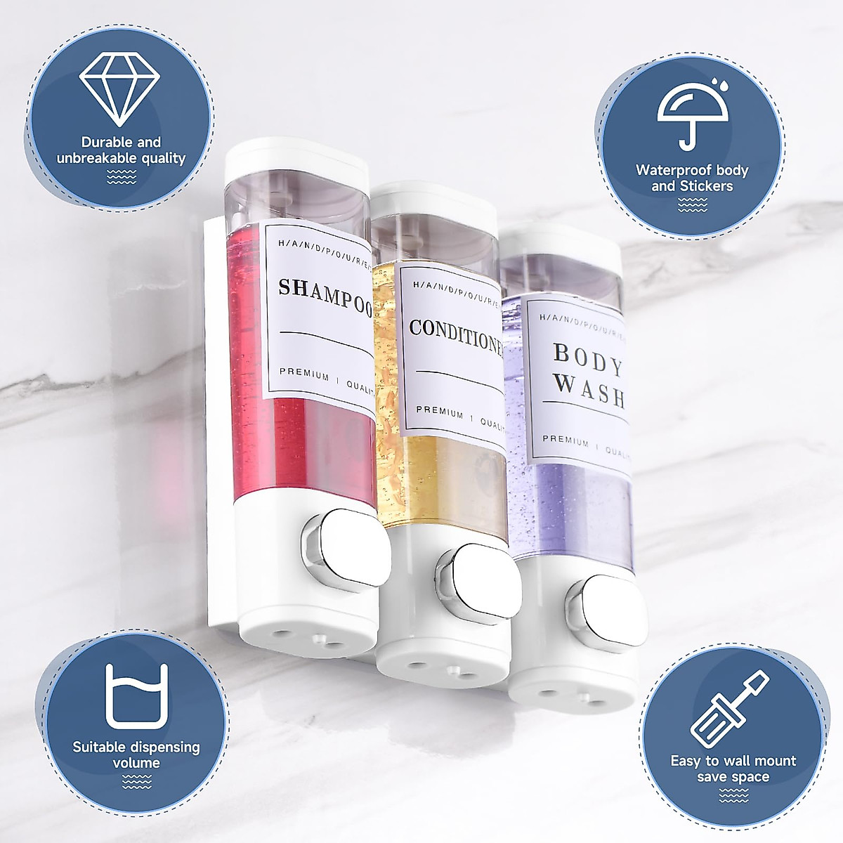 Shower Soap Dispenser Wall Mounted No Drill Shampoo Dispenser for Shower Wall Shampoo and Conditioner Dispenser Bathroom Hotel 3 * 300ml White with Labels