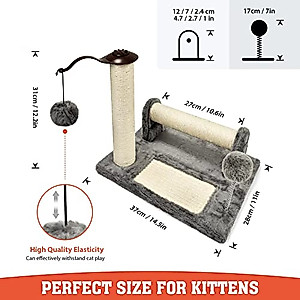 Petellow Cat Scratching Post and Pad, Cat Scratching Posts for Indoor Cats, Natural Sisal-Covered Cat Scratch Post and Pads with Cat Play Ball, Cat Scratcher for Kittens and Cats-Grey