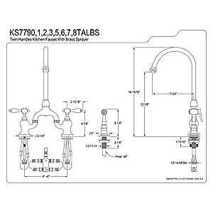 Kingston Brass KS7798TALBS 7 3/4" in Spout Reach Bridge Kitchen Faucet with Brass Sprayer, Brushed Nickel, 13.88 x 7.75 x 16.81