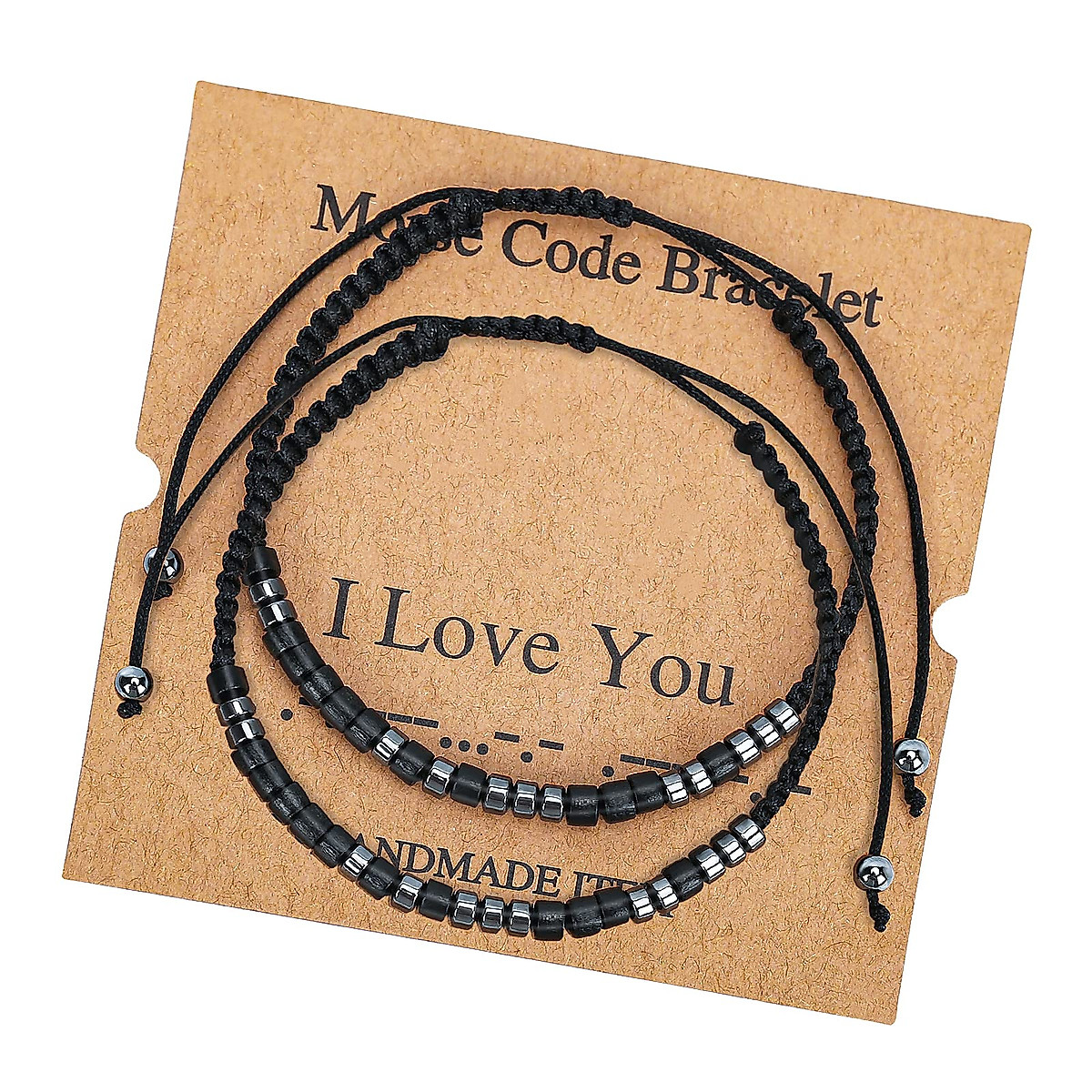 Morse Code Bracelets for Women Men, 2PCS I Love You String Adjustable Matching Bracelets Gifts for Couples Mom Daughter Best Friend Inspirational bracelets with Black Hematite Beads