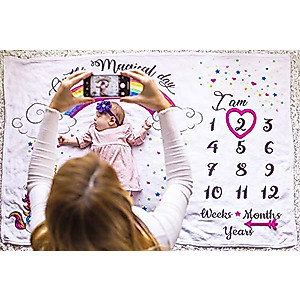 Baby Monthly Milestone Blanket, Cute Unicorn Design | Thick Fleece for New Mom | Newborn Baby Age Blanket for Girls | Photography Prop Background Blanket
